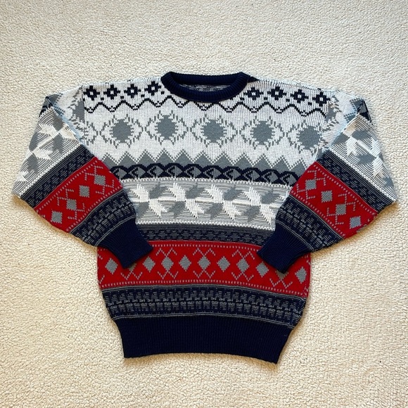 Vintage | Sweaters | Vintage 9s Geometric Pattern Knit Crewneck Sweater ...